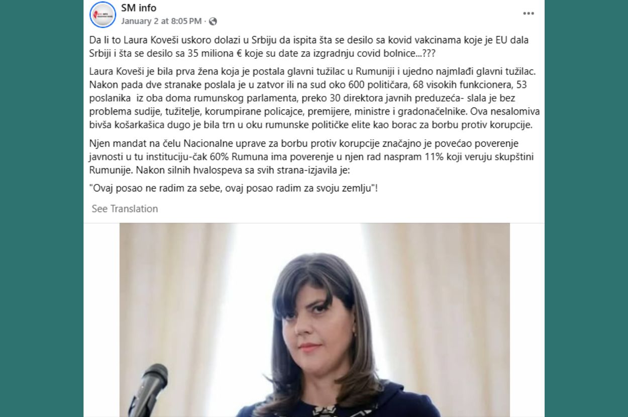 Ne, Laura Koveši ne dolazi u Srbiju zbog istrage o vakcinama - Istinomer